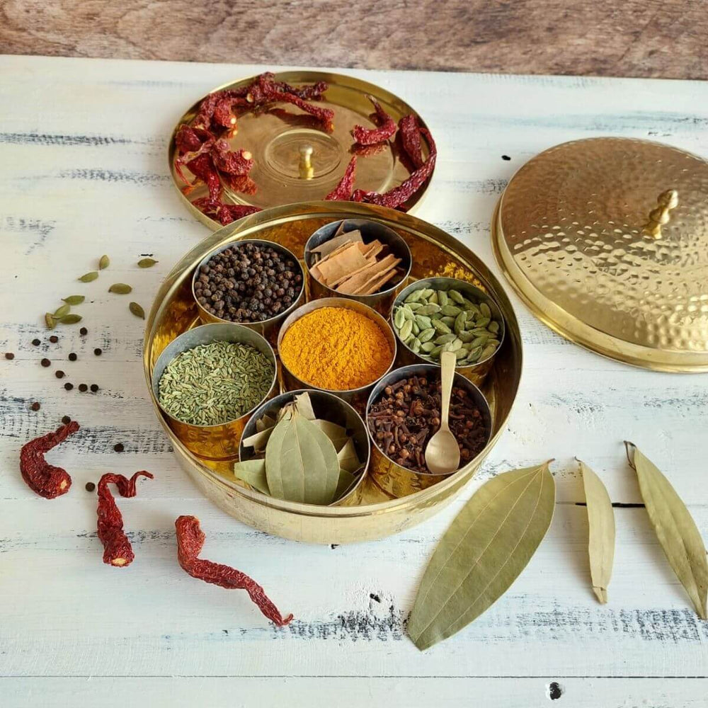 Brass Spice Box- Large with Tin coating & Plate| Shop Online | Zishta.com