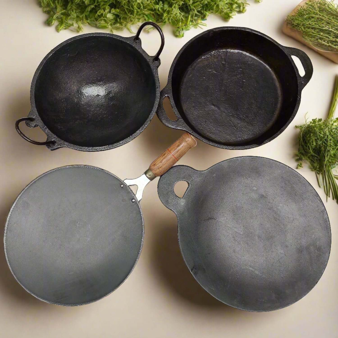 All Day Cast Iron Set – Tawa, Kadai, Skillet & Roti Tawa – Oven Safe