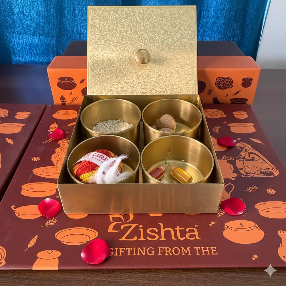 Brass Square Storage Box Gift Set – 4 Cups, Diya & Puja Kit | Gifting