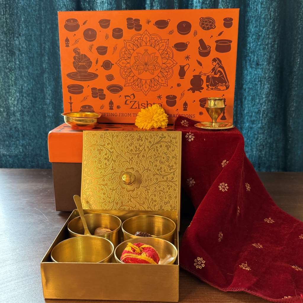 Brass Square Storage Box Gift Set – 4 Cups, Diya & Puja Kit | Gifting