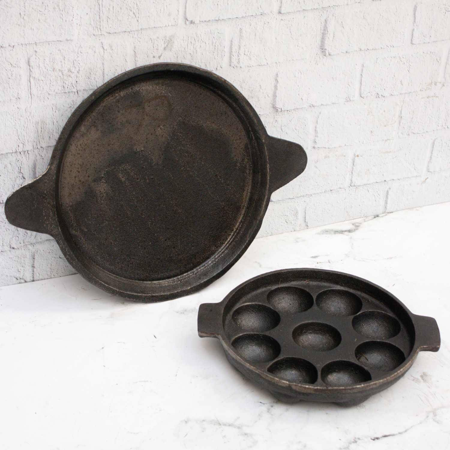 Cast Iron Combo: Paddu Tawa & Raised Edge Pan - Durable & Versatile